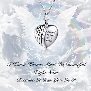 925 Sterling Silver Angel Wing Heart Urn Pendant Necklace For Ashes - A piece of my heart is in heaven Memorial Keepsake Cremation Jewelry (Wing)