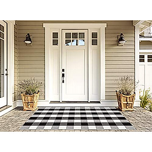 Syntus Buffalo Plaid Rug, 35.4 x 59 inch Doormat Kitchen Rug Black and White Cotton Outdoor Mat for Porch Bathroom Carpet Living Room Throw Area Rug