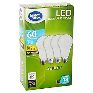 PACK OF 4 - Great Value LED General Purpose Bulbs, 9W (60W Equivalent), Soft White, 4-count