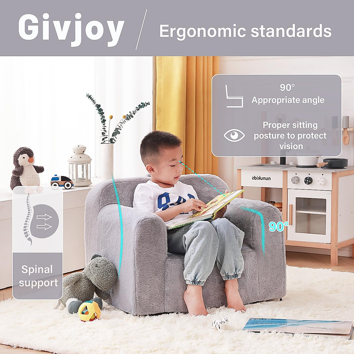 Givjoy Toddler Chair Plush Kids Couch, Comfy Kids Sofa Toddler Lounger Chair for Bedroom, Convertible Toddler Couch for Girls and Boys, Reading Chair for Kids