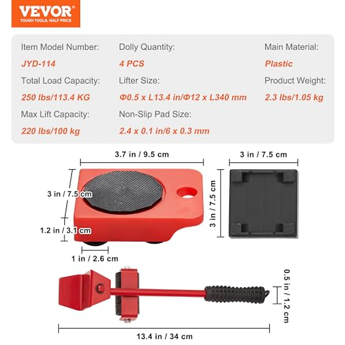 VEVOR Furniture Movers Slides Kit,4 Pack Appliance Roller with 4PP Wheels & 360° Rotation Non-Slip Cap and Heightening Pads,250Lbs Capacity Furniture Lift Mover Tool Set for Moving Heavy Furniture,Red