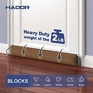 HADOR Door Draft Stopper 36 Inch, Weighted Under Door Snake Cold Air Noise Wind Blocker, Heavy Duty Sound Proof Bottom Filler Cover Gaps up to 3'', Winter Patio Sliding Window Pillow Guard Seal, Grey
