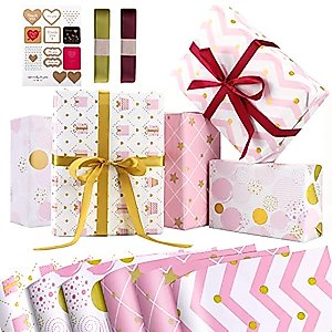 Abeillo 6 Sheets Birthday Wrapping Paper Pink Wrapping Paper Gift for Girls Pretty Light Pink Wrapping Paper Set Included Stickers and Ribbon, 20 x 28inch Birthday Gift Wrap