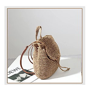 Erichman Women Fashion Straw Handmade Crochet Backpack Flap Drawstring Shoulders Bag Casual Beach Daypack (Brown,One Size)