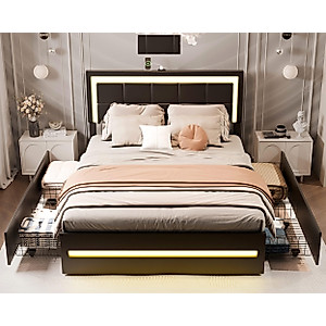 DYHOME Queen Bed Frame with LED Lights and 4 Storage Drawers, Upholstered Platform LED Bed Frame Queen Size with Charging Station Button PU Leather Headboard, No Box Spring Needed, Black