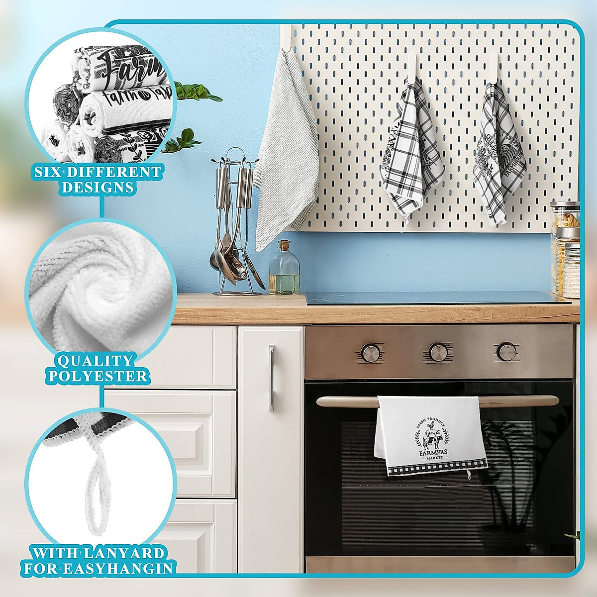 Patelai 6 Pieces Farm Animal Kitchen Towels, Farmhouse Rooster Cow Dish Cloths Hand Towels for Home Kitchen Dish Towels