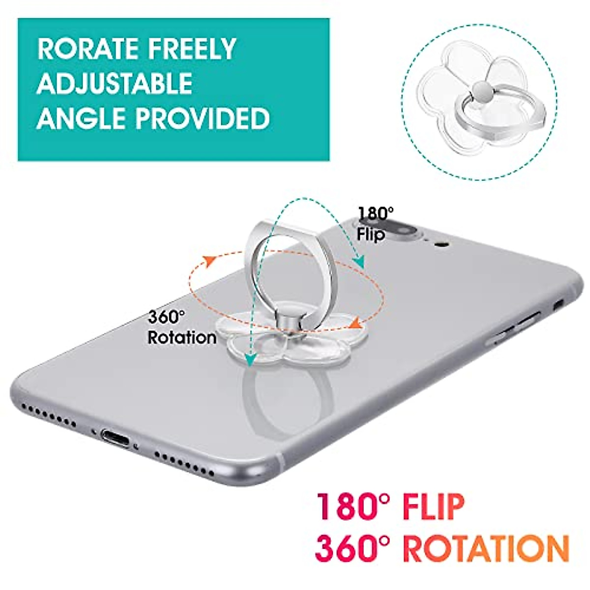 Cobee Finger Kickstand Cell Phone Ring, 2pcs Flower Shaped Transparent Phone Ring Holders, Bling Phone Ring Holder, 360 Degree Rotation Clear Glitter Finger Mount Cell Phone Finger Holder