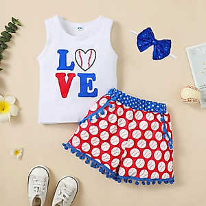LYSMuch Toddler Baby Girls Shorts Outfits Love Baseball Print Vest T-Shirt Tops Tassel Pants Summer Clothes Set（18-24 Months,Red White Blue