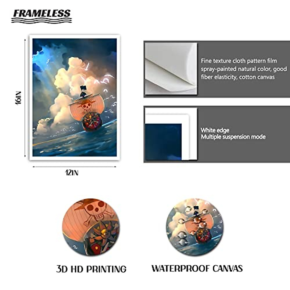 NESTLDEC Anime Poster Luffy Zoro Canvas Wall Art Thousand Sunny HD Print Painting The Straw Hat Pirates Room Decoration Boy Gift 12x16.5inch (Unframed)