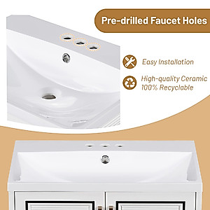 Polibi 24" Wall Mounted Bathroom Vanity with Ceramic Basin, Two Shutter Doors, Solid Wood & MDF Board, Modern Hanging Bath Cabinet