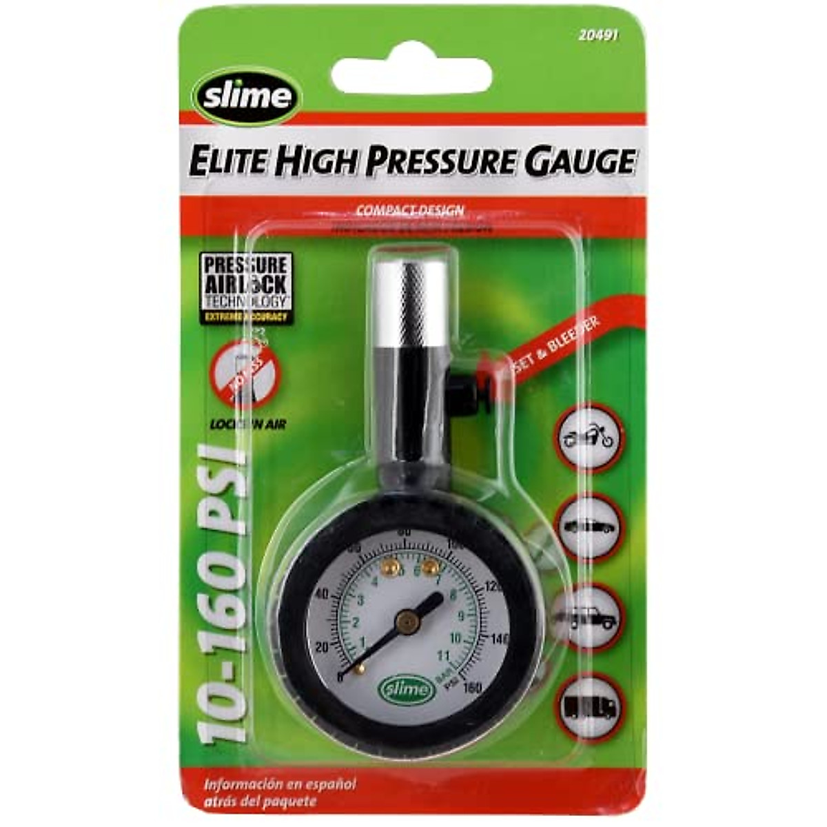 Slime 20491 Tire Pressure Gauge, Elite High Pressure Dial Gauge, Airlock Technology, Analog, 10-160 psi