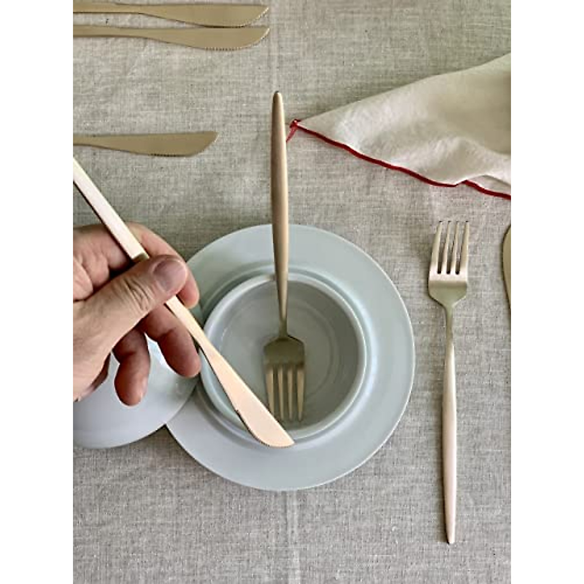 cozymomdeco Korean Made Traditional Premium Utensil Flatware Luminous Gold, Brass, 1SET, Fork, Knife, Spoon, Chopsticks with Furoshiki Wrapping