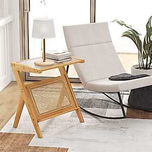 GOFLAME Rattan Side Table Set of 2, Z-shaped End Table with Tempered Glass Top, Magazine Rack, Boho Night Stand, Small Coffee Table, Bamboo Accent Bedside Table for Living Room, Bedroom, Natural