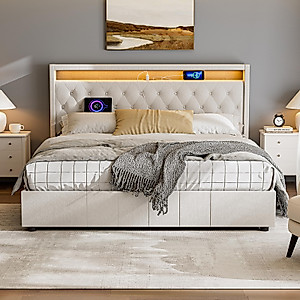 WELTOKE King Size Lift Up Storage Bed Frame, Heavy Duty King Platform BedFrame with Upholstered Tufted Headboard, Hydraulic Storage/LED Lights/Charging Station, Modern Beige