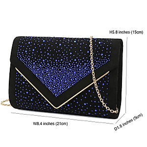 CHARMING TAILOR Envelope Purse Formal Faux Suede Clutch Rhinestone Evening Bag for Women Party Handbag (Black/blue)