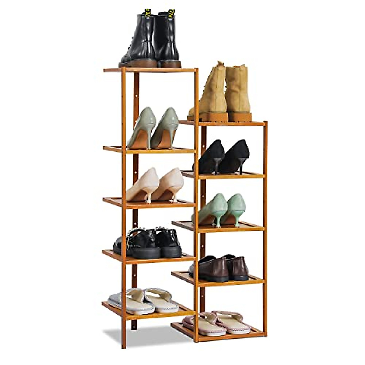 MoNiBloom Shoe Rack for Entryway, Bamboo Vertical Double Row Shoe Storage Space Saving Shoe Organizer for Small Spaces Corner Bedroom (10 Shelves, Brown)