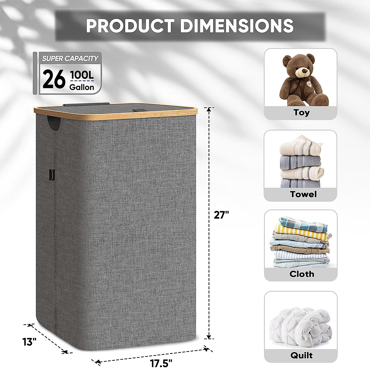 BALEINE Laundry Hamper with Lid, Tall Laundry Baskets with Bamboo Pull Handles, Large Laundry Bin with Internal Support (26 Gallon, Grey)