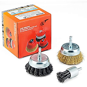 TILAX 3 Inch Wire Cup Brush End Brush Set 3 Piece, Wire Brush for Drill 1/4 Inch Hex Shank Arbor 0.012" Brass Coated Crimped and 0.019" Carbon Steel Knotted Wire Brush, for Drill Attachment