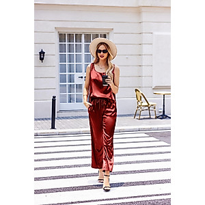 Ekouaer Womens Satin Pajamas Set Back Split Top and Long Pant Silk Pj Set Tank Sleepwear S-XXL Wine Red