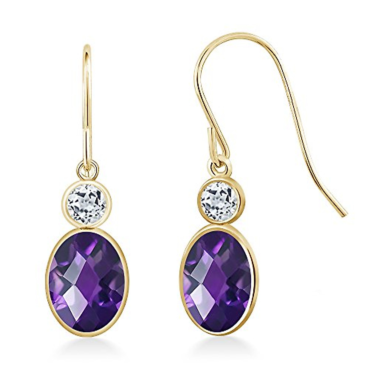 Gem Stone King 14K Yellow Gold Purple Amethyst and White Topaz Hook French Fish Ear Wire Dangle Earrings For Women (1.78 Cttw, Gemstone February Birthstone, Oval Checkerboard 7X5MM, Round 3MM)