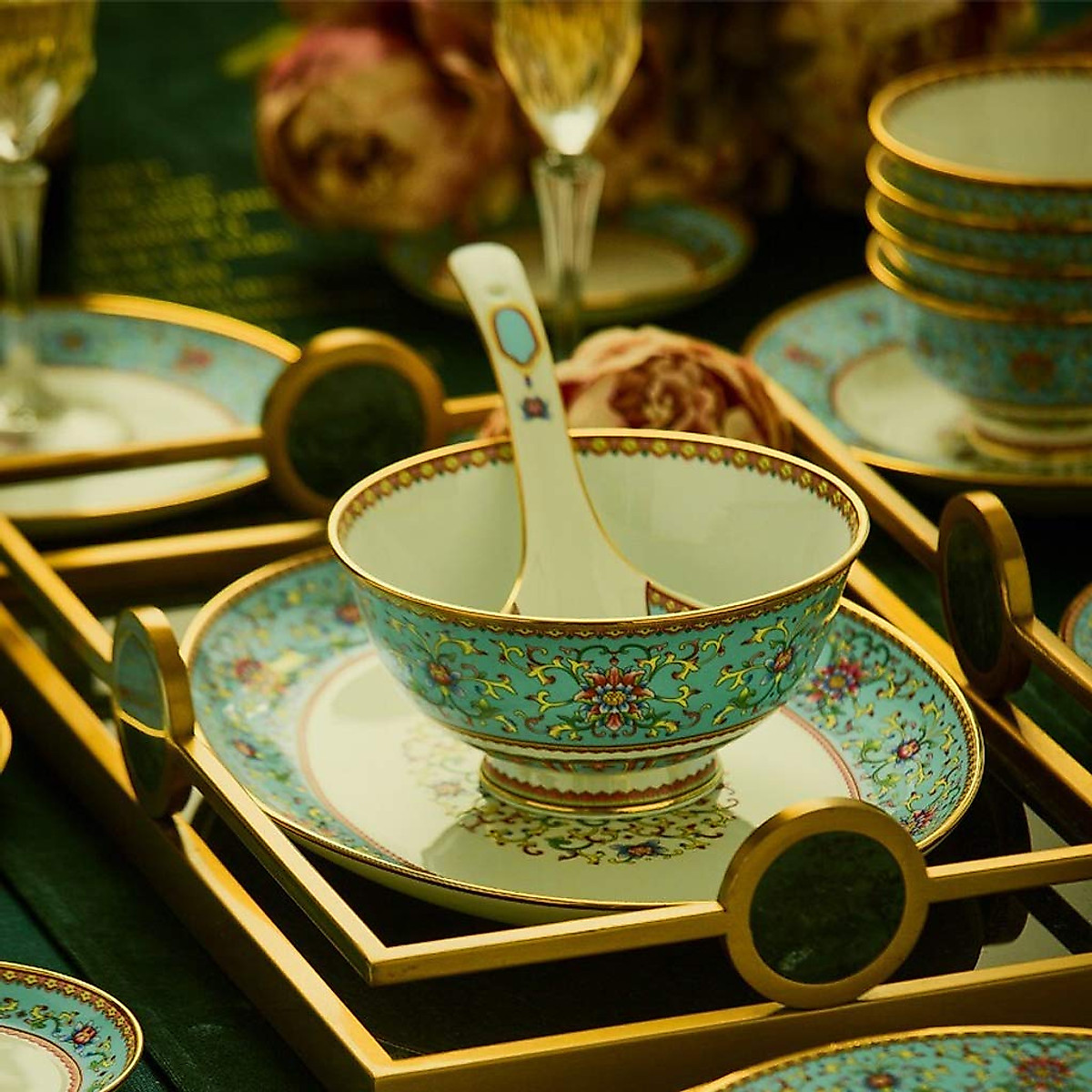 Porcelain Dinner Set Kitchen Tableware Set,Ceramics Dinnerware Set, 50 Pieces Bone China Plates and Bowls Sets for Family Gathering - High-Grade Enamel Dinner Set with Fruit Dish