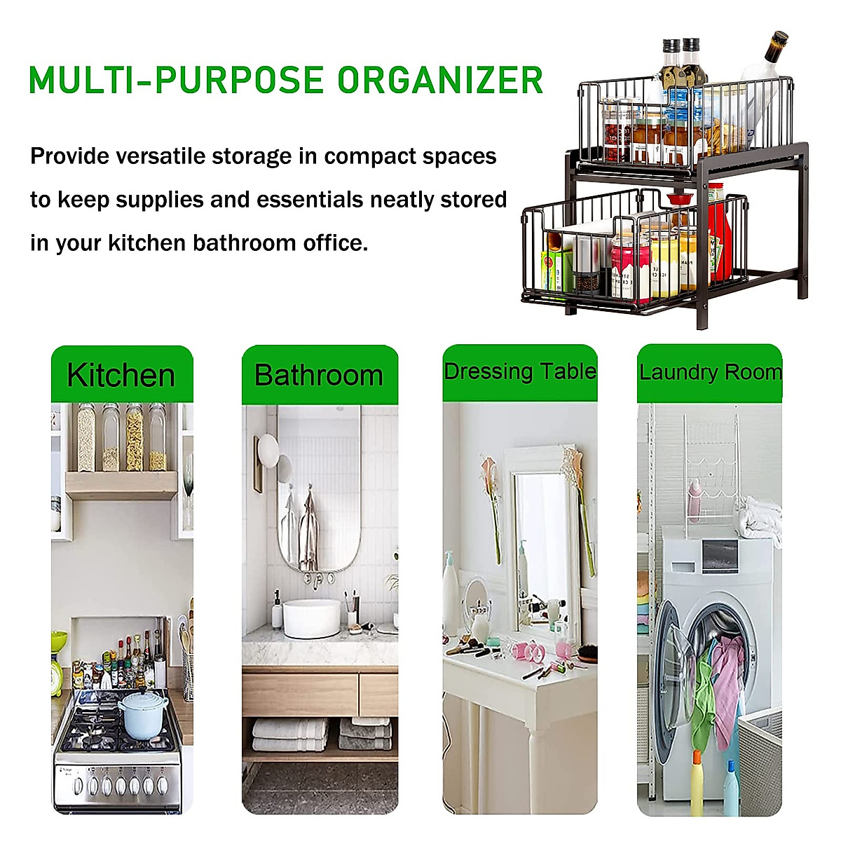 FULE KEJI 2 Tier Under Sink Organizer and Storage Pull Out Drawer Sliding Basket,Stackable Sink Under the Cabinet Organizer Storage Basket,for Bathroom Kitchen Cabinet Office Countertops