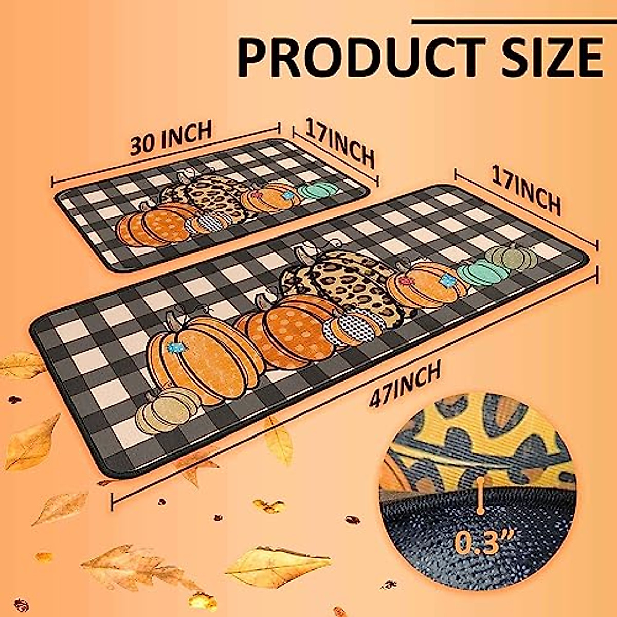 Fall Kitchen Rugs and Mats Set of 2, Thanksgiving Kitchen Rug Non Slip Backing Fall Decorations for Home Seasonal Farmhouse Fall Holiday Autumn Harvest Low-Profile Kitchen Floor Mat 17"X47"+17"X30"