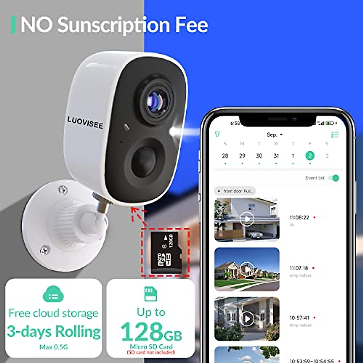 Luovisee Wireless Home Security Camera Outdoor WiFi with Light Night Vision Rechargeable Battery AI Motion Detection, Surveillance Wireless Camera Outdoor,1080p