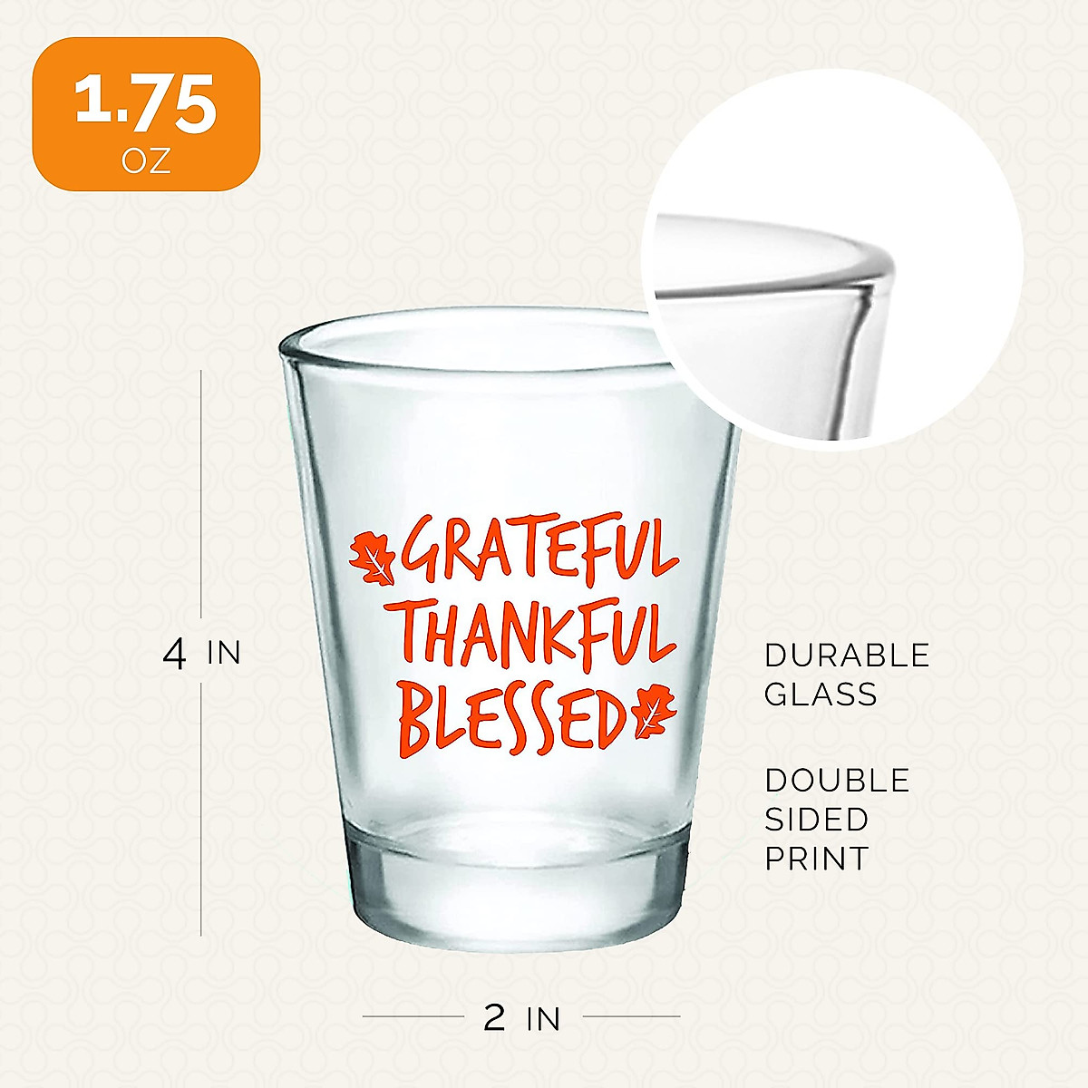 Grateful, Thankful,Blessed Thanksgiving Shot Glasses - Set of 12 Glass Turkey Day Holiday Drinkware - Fall Decor Drink Accessories with Double-Sided Prints - Novelty Home & Friends Giving