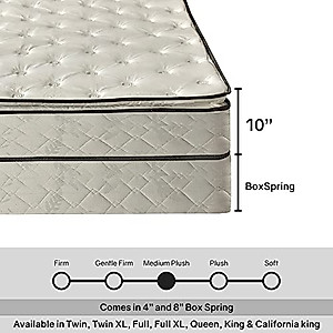 Greaton Medium Plush Pillowtop Innerspring Mattress and 4" Low Profile Split Wood Box Spring/Foundation Set, 75" X 48", White with Black Tape