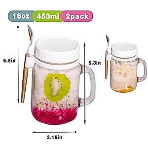 Overnight Oats Containers with Lids 16 oz 2 Pack Glass Mason Jars with Handle and Airtight Silicone Gaskets, Portable Oatmeal Container to Go for Yogurt, Milk, Cereal, Fruit, Salad, Meal Prep-Reusable