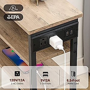 AMHANCIBLE Narrow Side Table with Charging Station, Slim End Table Set of 2, 4 Tier Sofa Table with Storage Shelf, for Small Spaces, USB Ports & Power Outlets, Metal Frame HETN04GY