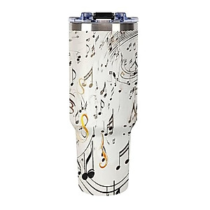 LLUTSNTH 40 Oz Vacuum Tumbler with Light Rose Red Handle Leakproof Insulated Tumbler Music Notes Print Stainless Steel Travel Mug with Lid And Straw Coffee Cup Cute Water Bottles Cup Holder Friendly