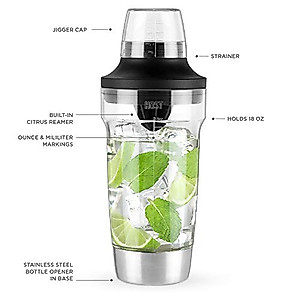 HOST All in One Cocktail Shaker Set | 5 in 1 Tool - Jigger Cap | Strainer | Reamer | Stainless Steel Bottle Opener and Oz and mL Markers 18 oz Capacity - Multitool Bartending Mixer for Drinks
