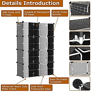 KOCASO 16-Pair Portable Shoe Rack Organizer, 8-Tiers Storage Cabinet, Stand Space-saving Shoe Organizer for Sneakers, Heels, Slippers and Boots, Black shoe cabinet with Translucent Doors