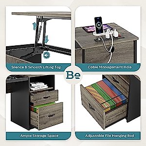 Bestier Lift Top Computer Desk with File Drawer, 60" Large Office Desk with Power Outlet USB Port Built in Writing Study Computer Table with Storage Workstation for Home Office Bedroom, Gray
