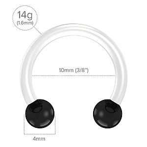 Evonix 2pc 14g Flexible Bioflex Circular Barbell Horseshoe Septum Ring Bioplast Piercing 10mm Black Balls