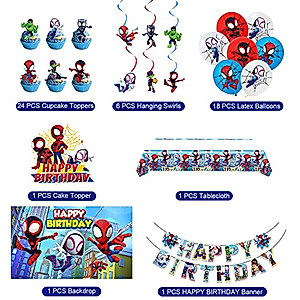 Spidey and His Amazing Friends Birthday Decorations, Party Supplies Set Include Banner, Backdrop, Balloons, Hanging Swirls, Cake Cupcake Toppers, Tablecloth for Boys Girls Spidey Theme Party