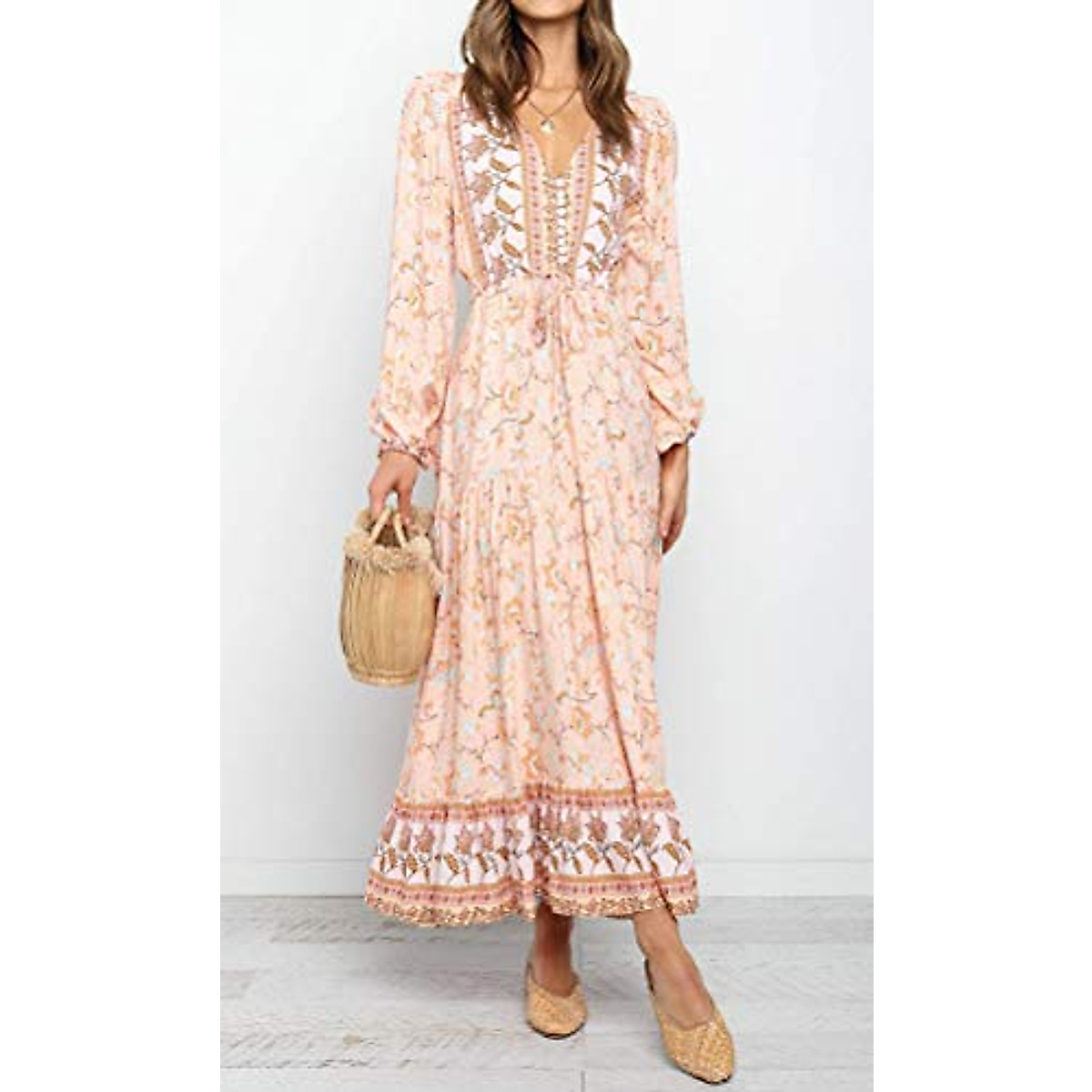 R.Vivimos Women's Long Sleeve Cotton V-Neck Button Up Floral Print Boho Flowy Midi Dresses (Medium, Peach)