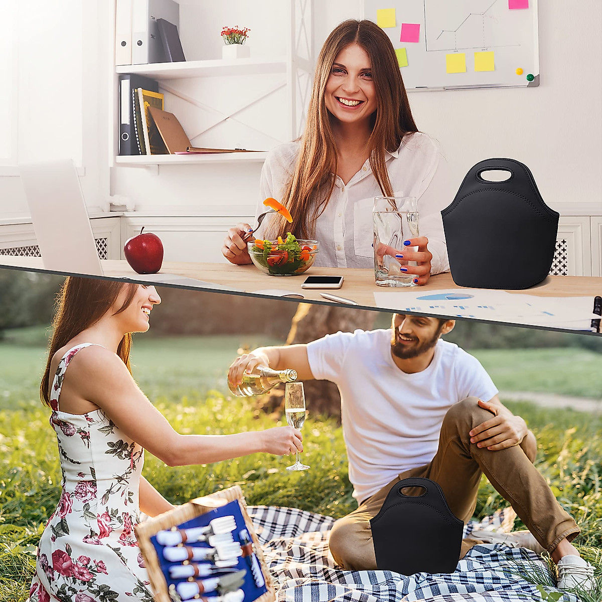 Neoprene Lunch Bag for Women Insulated Lunch Tote Bags Washable Lunch Container Box for Work Picnic Lightweight Meal Prep Bags for Men (Black)