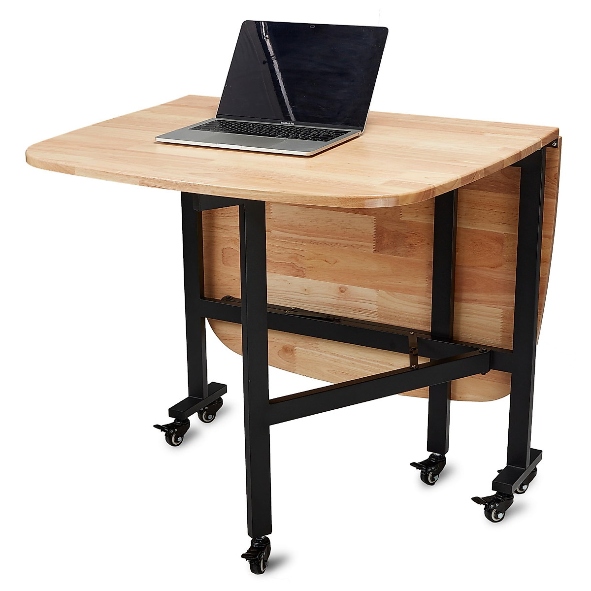 Rukulin Multifunction Table Drop Leaf Dining Table - 47" Solid Wooden Foldable Kitchen Table with 6 Wheels (Natural)