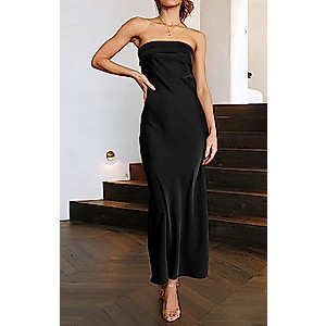 MEROKEETY Women 2023 Summer Strapless Satin Tube Bodycon Backless Wedding Guest Maxi Dress Black Large