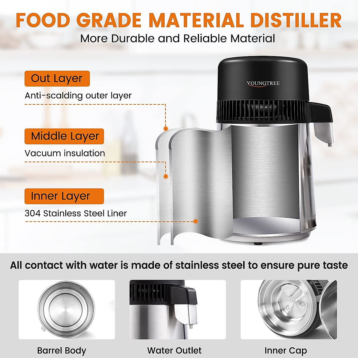 YOUNGTREE 4L Polished Stainless Steel Water Distiller, 110V 1 Gallon Distilled Water Machine for Home Countertop, UL Listed Distilled Water Maker, 750W Electric Automatic Water Purifier