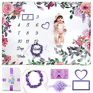 SPOKKI 6 PCS Baby Monthly Milestone Blanket Girl, 60''x40''Fleece Monthly Blanket Newborn with Headband for Photography Background Prop and Mom Nursery Shower Gift (Pink)