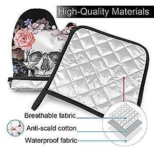 MSGUIDE Skull and Flowers Day of The Dead Oven Mitts -Heat Resistant 500 Degrees-Non Slip Kitchen Pot Holders Sets - Cooking Safe Gloves Soft Inner Lining