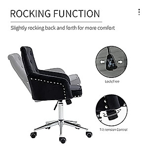 HOMCOM Modern Mid-Back Desk Chair with Button Tufted Velvet Back, Nailhead Trim, Swivel Home Office Chair with Adjustable Height, Curved Padded Armrests, Black