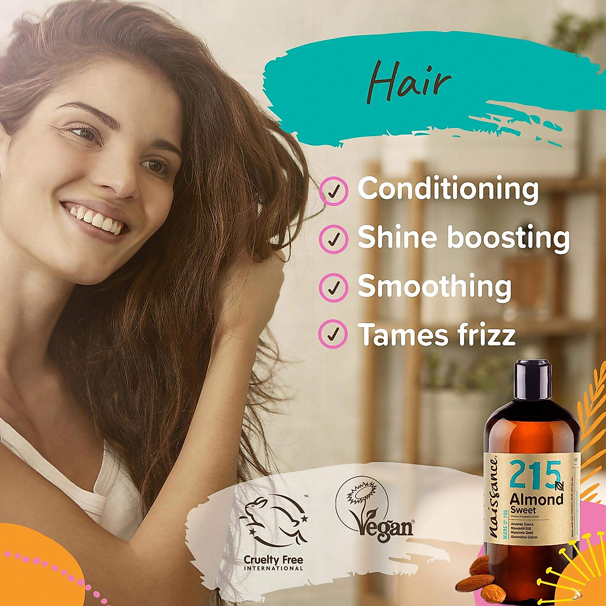 naissance Sweet Almond Oil 16 fl oz - Pure & Natural, Vegan, Non GMO, Hexane Free, Cruelty Free - Ideal for Haircare and Skincare, Aromatherapy & Massage