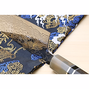 Yoshihiro Hayate ZDP189 Suminagashi Super High Carbon Stainless Steel Kiritsuke Knife Octagonal Ebony Wood Handle with Triple Ring (8.25" (210mm))