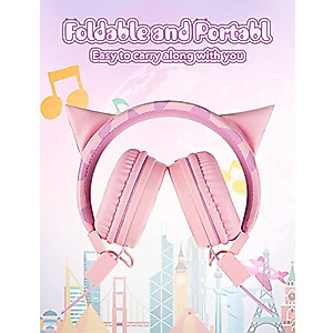 SIMJAR Cat Ear Kids Headphones with Microphone for School, Volume Limiter 85/94dB, Wired Girls Headphones with Foldable Design for Online Learning/Travel/Tablet/iPad (Pink)