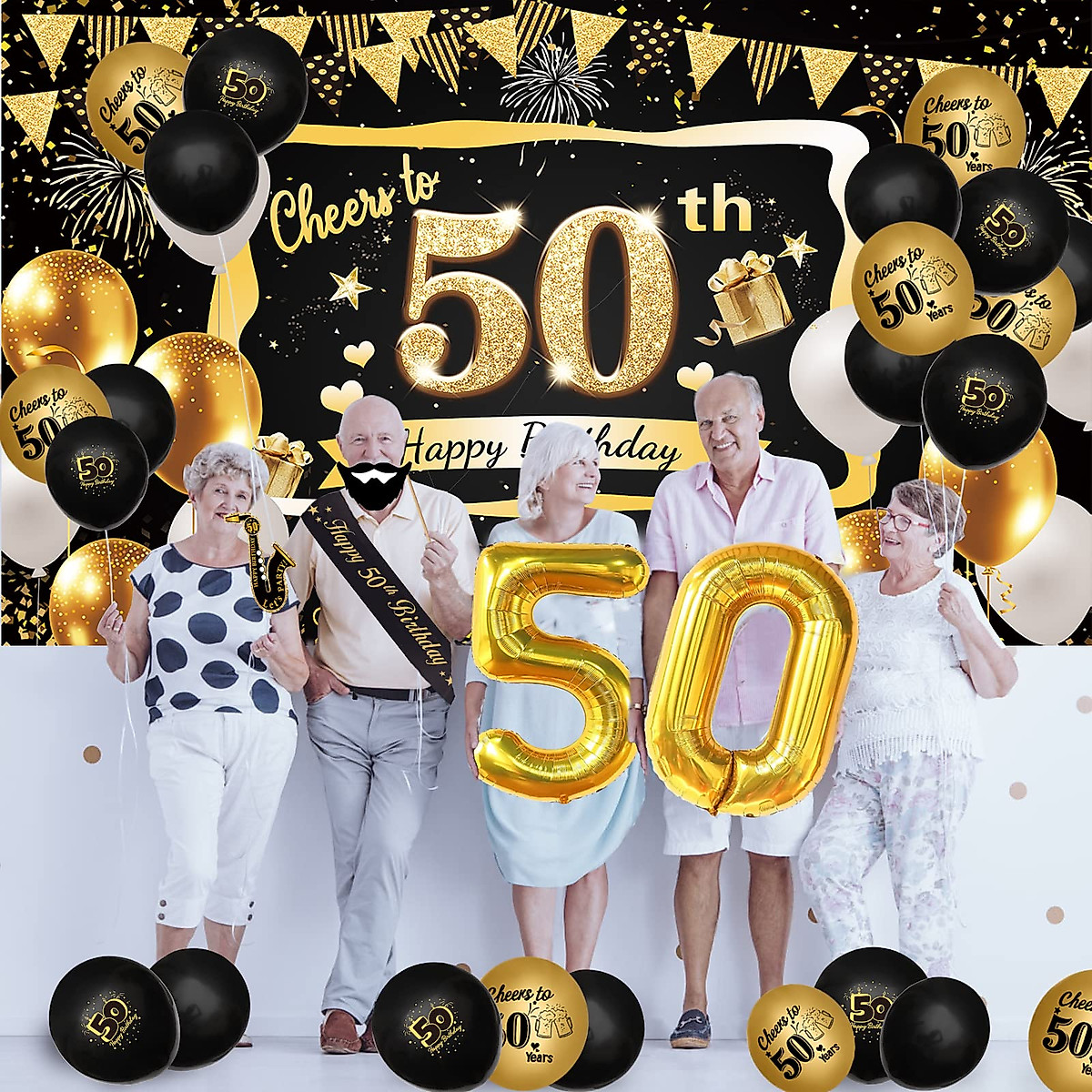 50th Birthday Decorations for Men Women,90 PCS Black Gold 50th and Fabulous Birthday Decorations,Including 50th Birthday Banner Backdrop,Crown,Balloons,Plates, Photo Props, Sash,50th Birthday Gifts